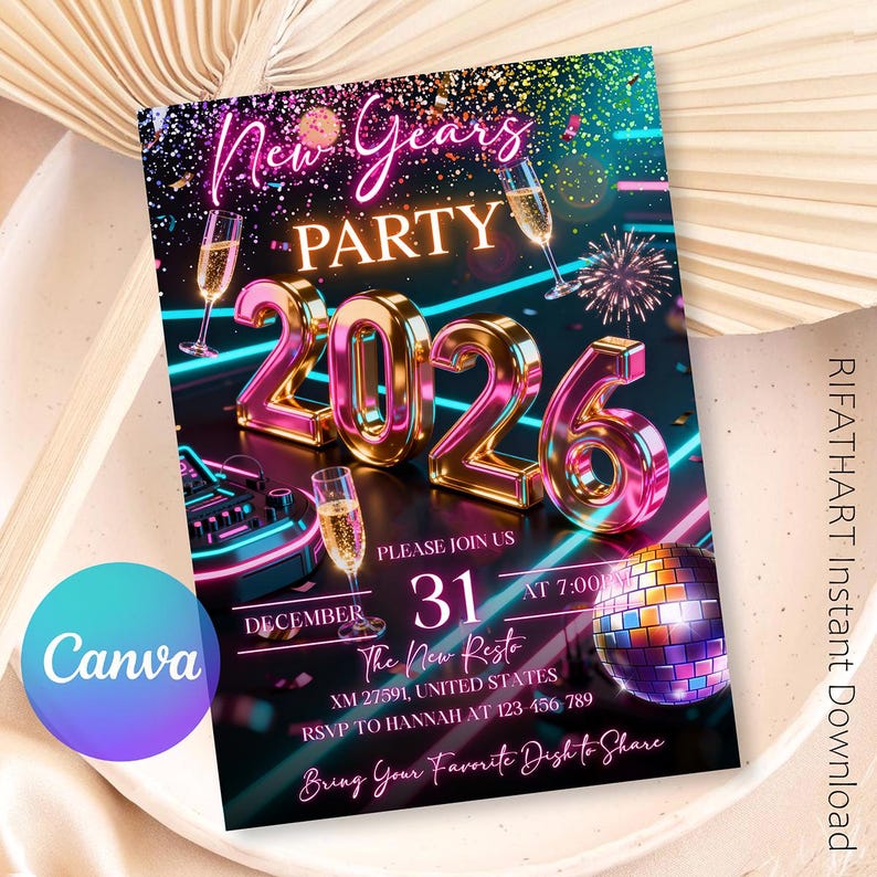 New Year 2026 Party Invite, Gold Balloon Celebration Template, NYE ...