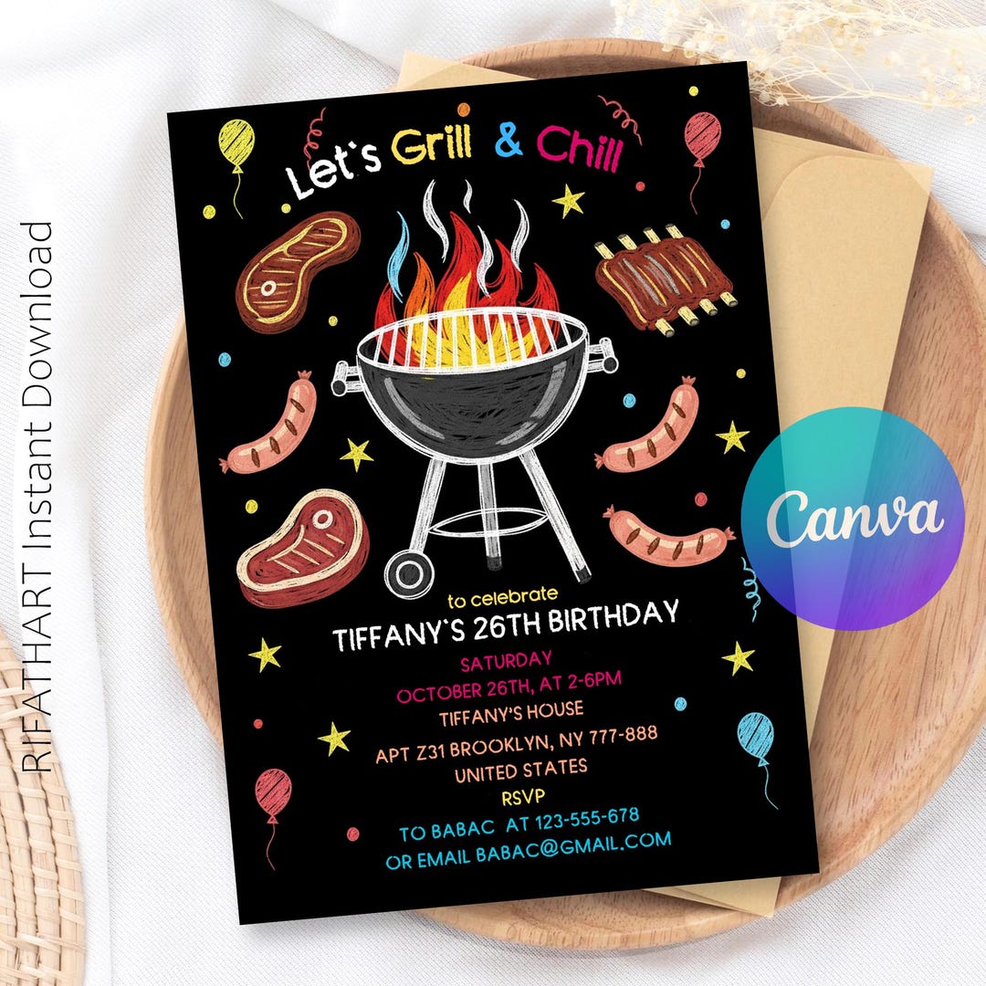 Editable Grill and Chill Invitation, BBQ Birthday Party Invite ...