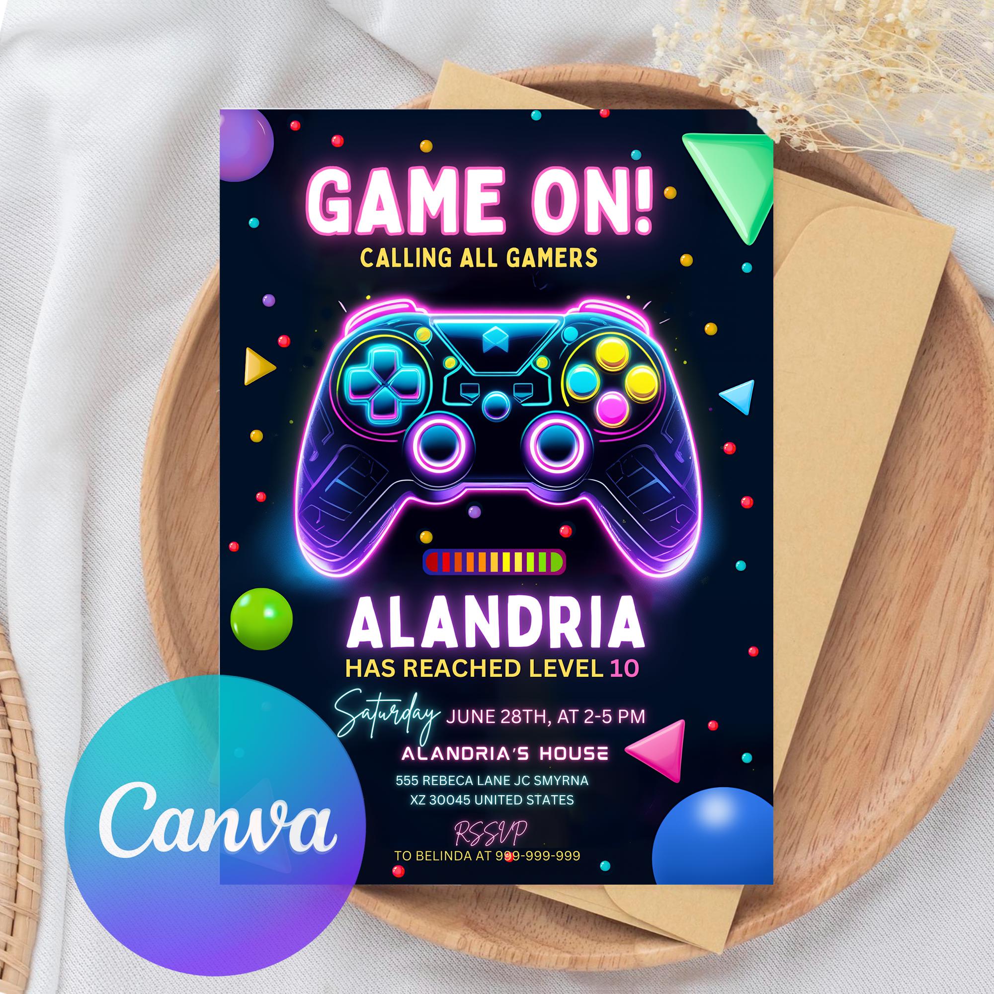 Neon Game on Birthday Invitation: Editable Video Game Party (canva ...