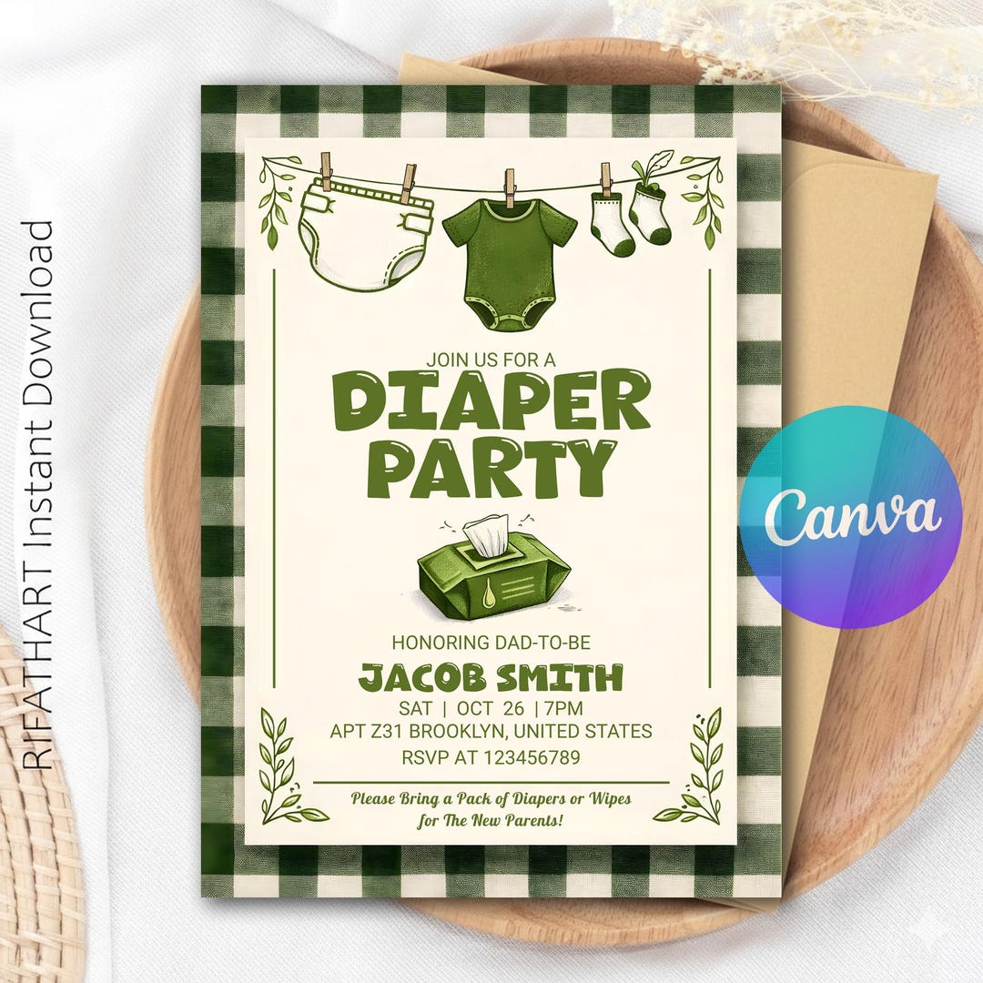 Diaper Party Invitation Template, Diaper Party Theme, Canva Template ...