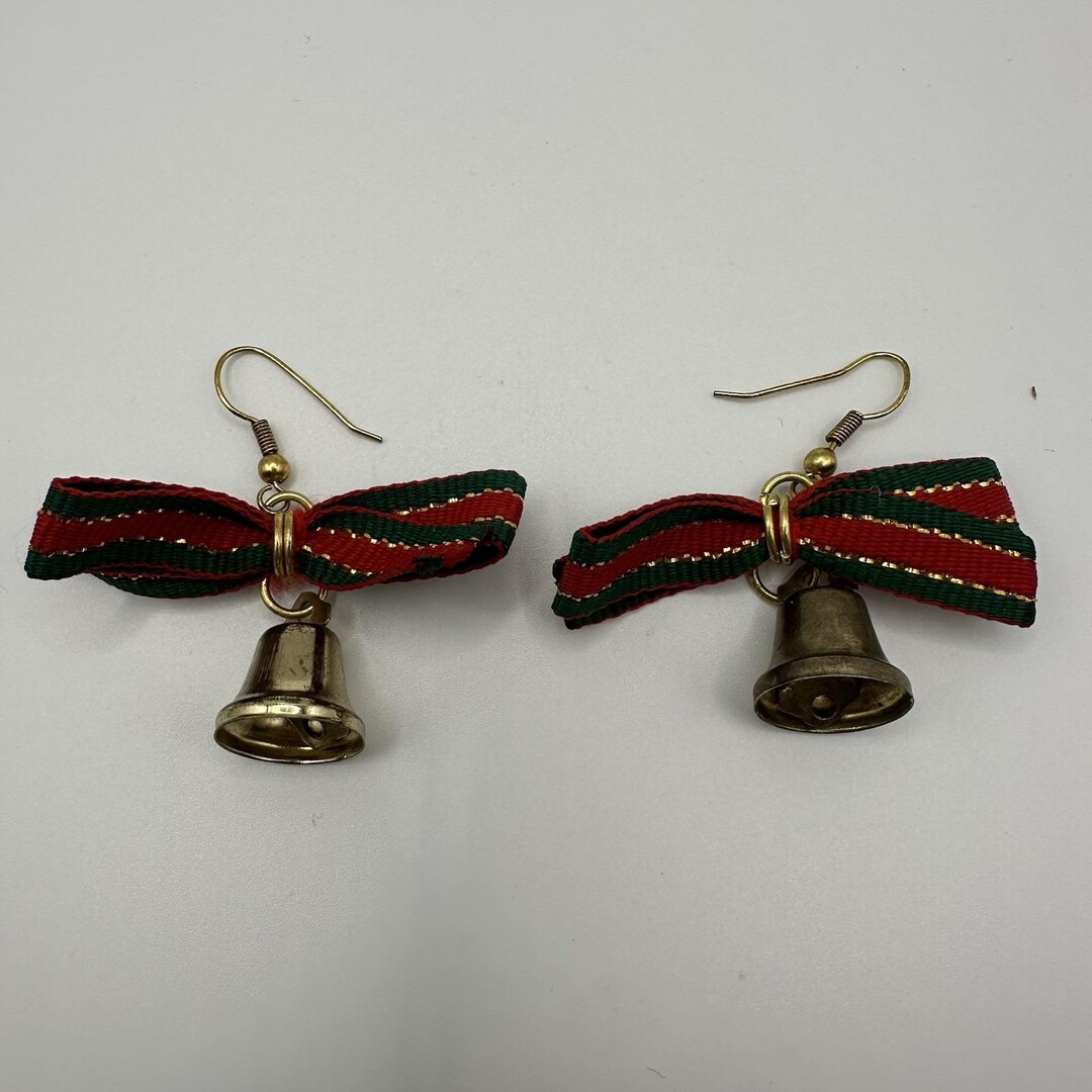 VTG 90's Gold Tone Jingle Bell Plaid How Pierced Dangle Earrings ...