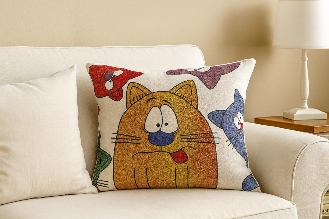 Cartoon Cat Gobelin Cushion Cover: Playful Home Decor (40x40cm) - Etsy