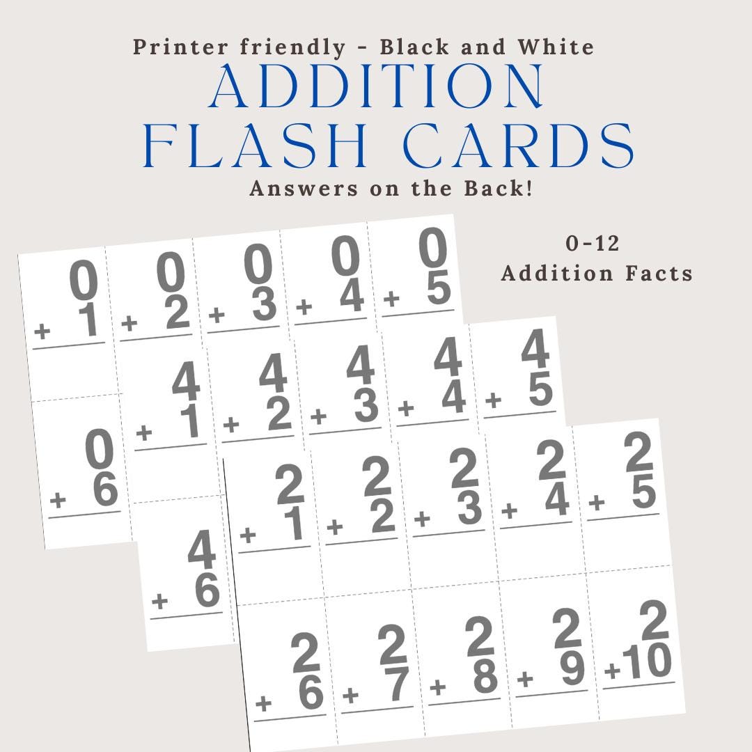 Addition Flashcards: Math Facts 0-12 (printable PDF) - Etsy