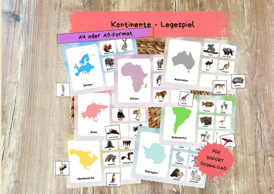 Continents & Animals Picture Cards Montessori Sorting Game Worksheet ...
