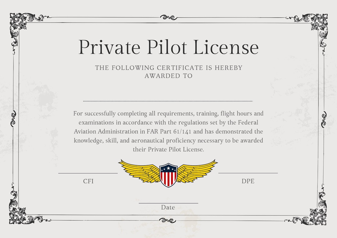 FAA Private Pilot License Certificate | Printable PPL Certificate PDF ...