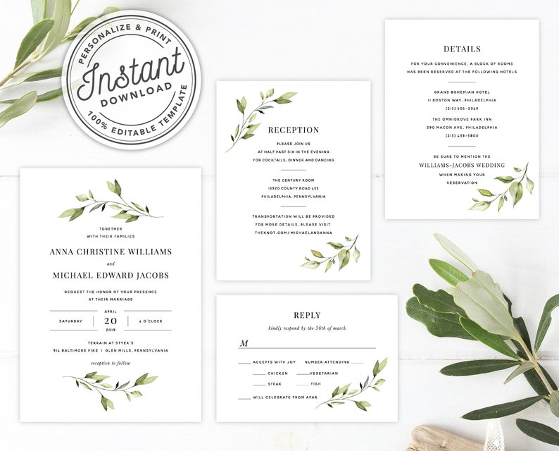 Simple Greenery Wedding Invitation Template Suite With - Etsy