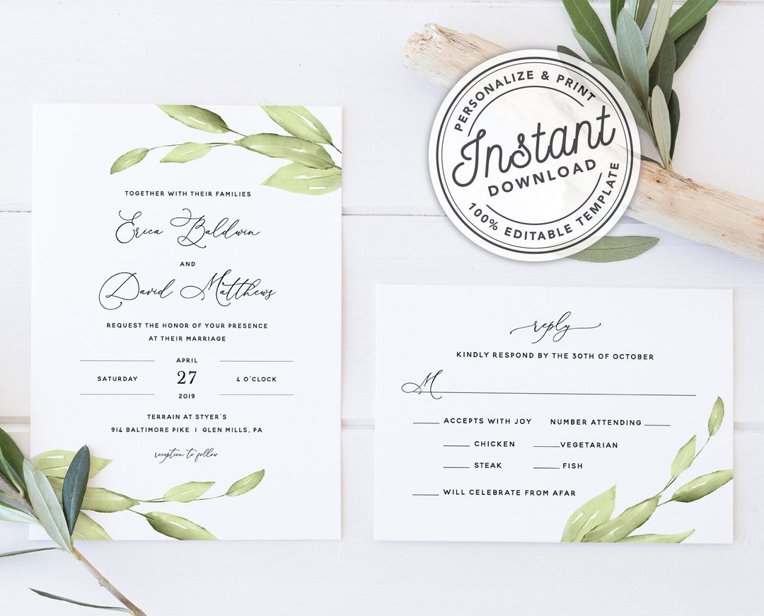 Simple Leaves Wedding Invitation Template Suite With Watercolor ...