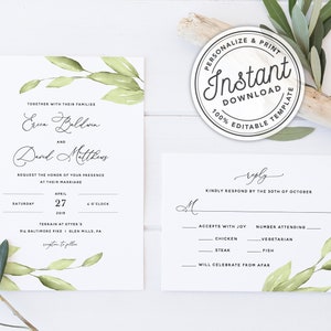 Simple Leaves Wedding Invitation Template Suite With Watercolor ...