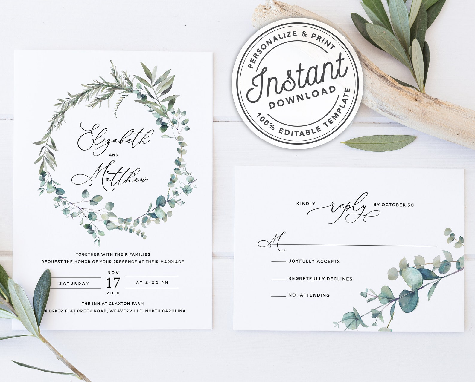Bohemian Wedding Invitation Template Suite With Eucalyptus - Etsy