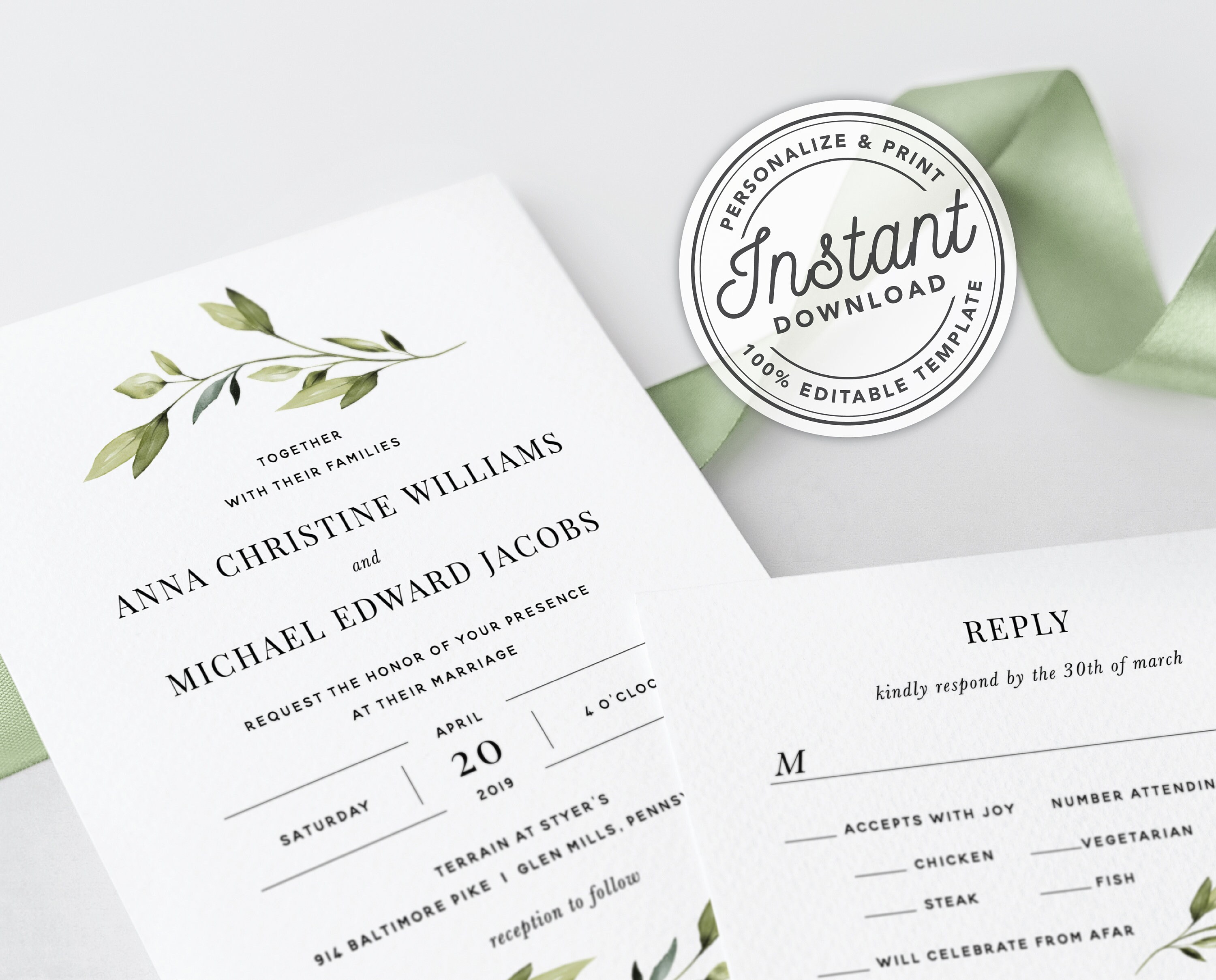 Simple Greenery Wedding Invitation Template Suite with | Etsy