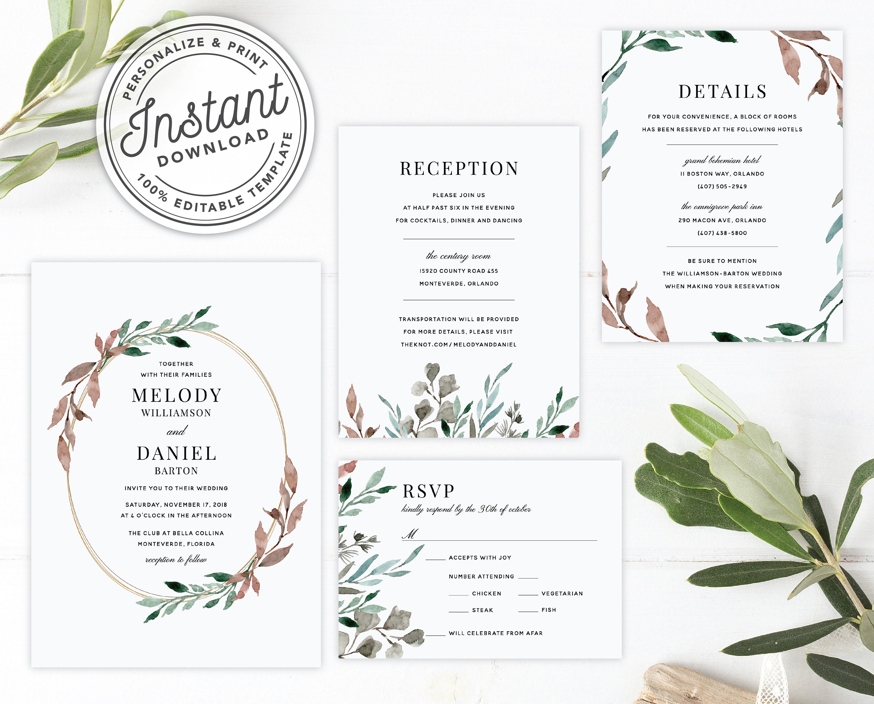 Boho Wedding Invitation Template Suite with Copper & | Etsy