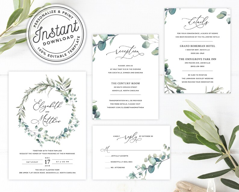 Bohemian Wedding Invitation Template Suite With Eucalyptus - Etsy