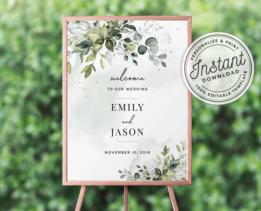 Watercolor Boho Greenery Wedding Welcome Sign W/ Eucalyptus Leaves ...