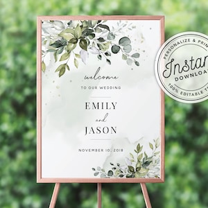 Watercolor Boho Greenery Wedding Welcome Sign W/ Eucalyptus Leaves ...
