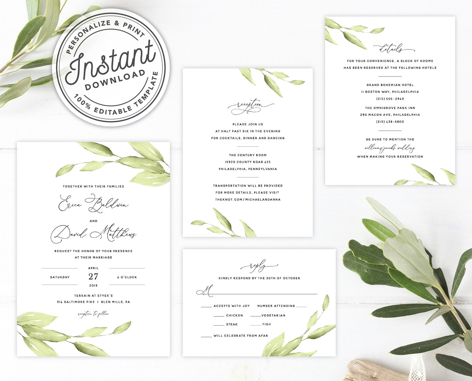 Simple Leaves Wedding Invitation Template Suite With | Etsy