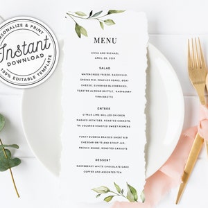 Simple Greenery Menu With Watercolor Leaves (bridal Shower, Wedding ...