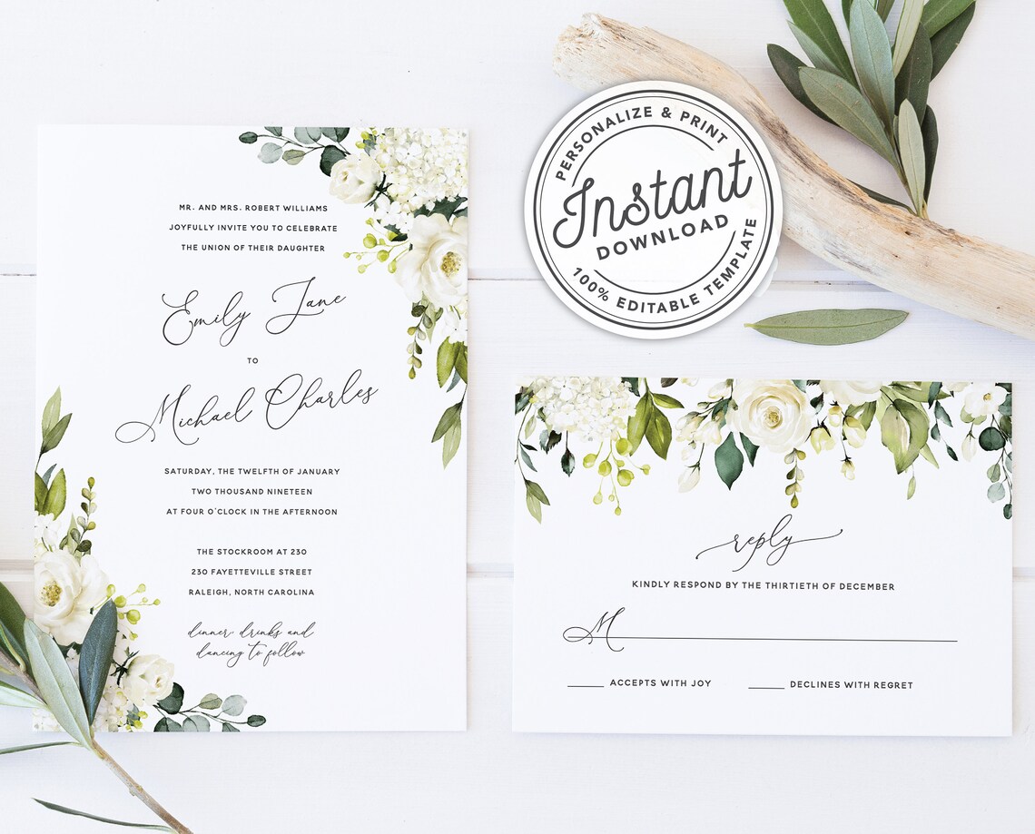 White Roses & Greenery Wedding Invitation Template Suite With - Etsy