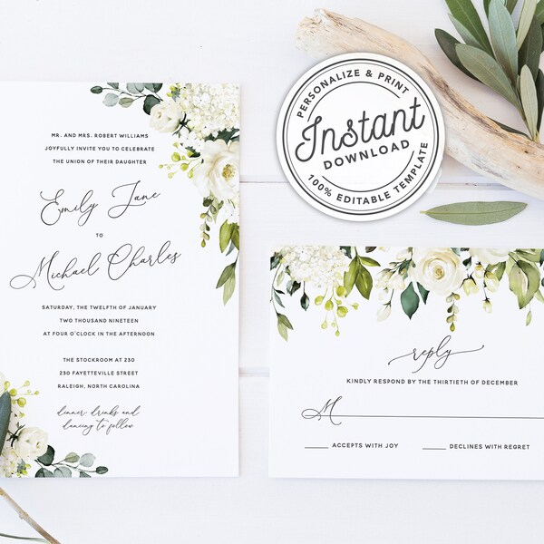 Eucalyptus White Rose Wedding Invitations - Etsy