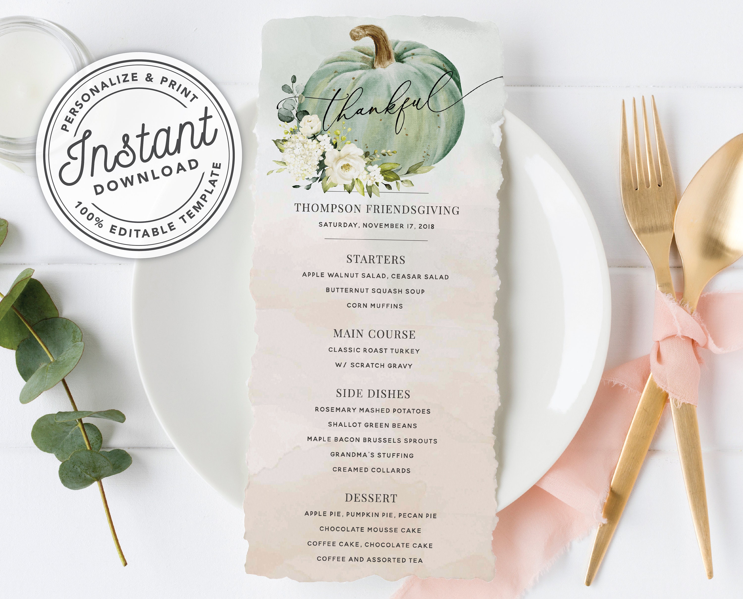 Printable Friendsgiving or Thanksgiving Dinner Menu with | Etsy