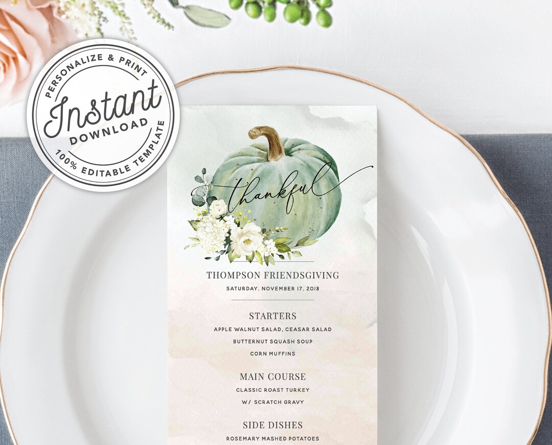 Printable Friendsgiving or Thanksgiving Dinner Menu With Watercolor ...