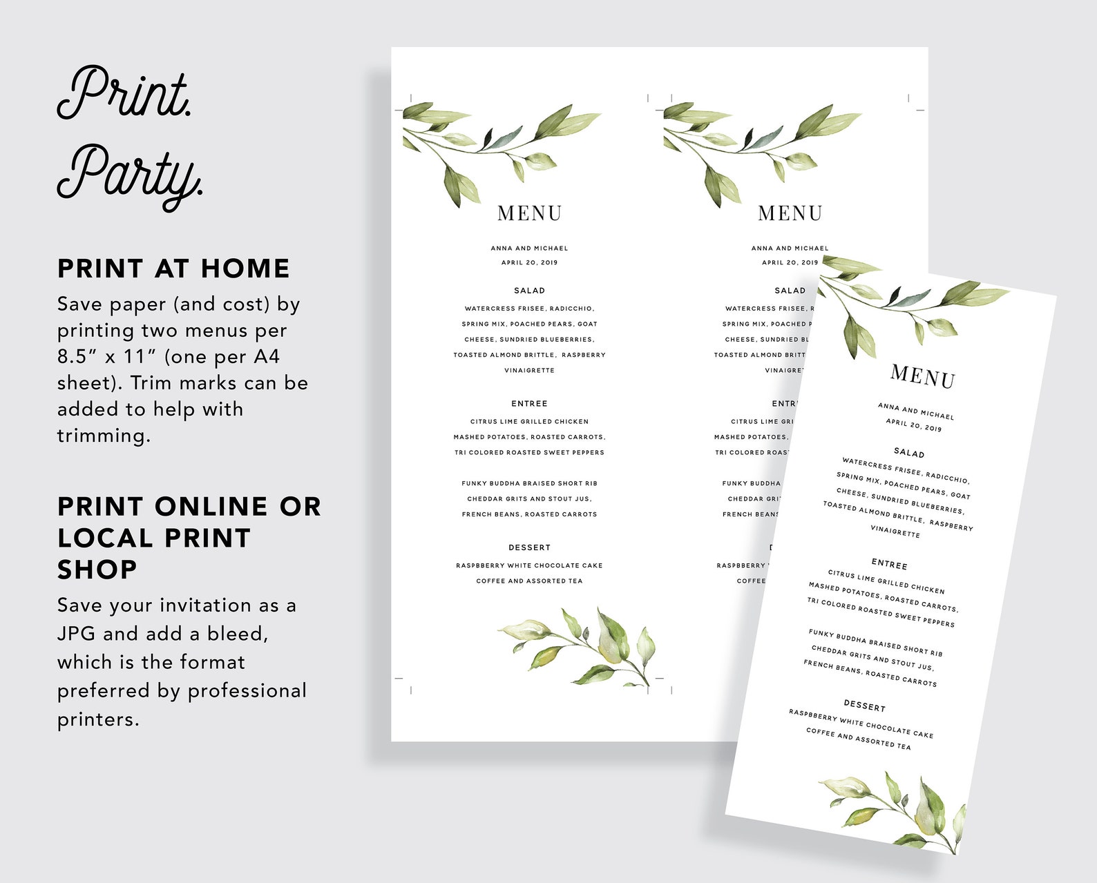 Simple Greenery Menu With Watercolor Leaves (bridal Shower, Wedding ...