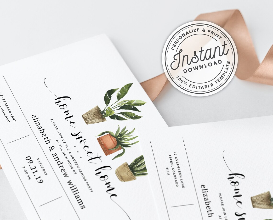 Potted Plants Succulent Greenery Housewarming Party Invitation - Etsy