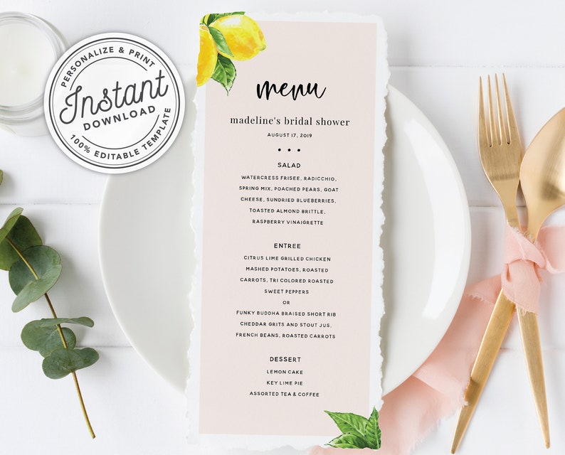 Main Squeeze Lemon Bridal Shower Printable Menu Citrus - Etsy