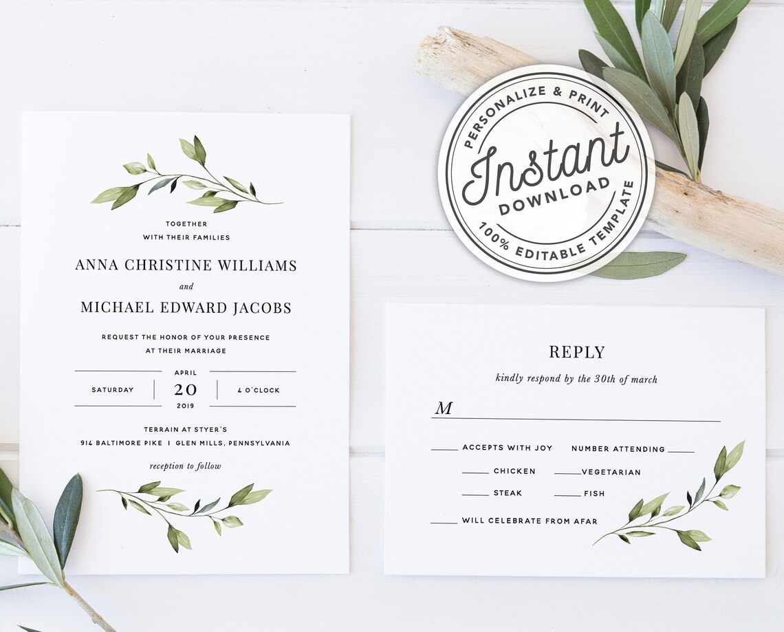 Simple Greenery Wedding Invitation Template Suite With - Etsy