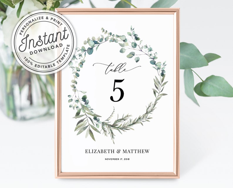 Boho Wreath Printable Wedding Table Numbers With Eucalyptus - Etsy