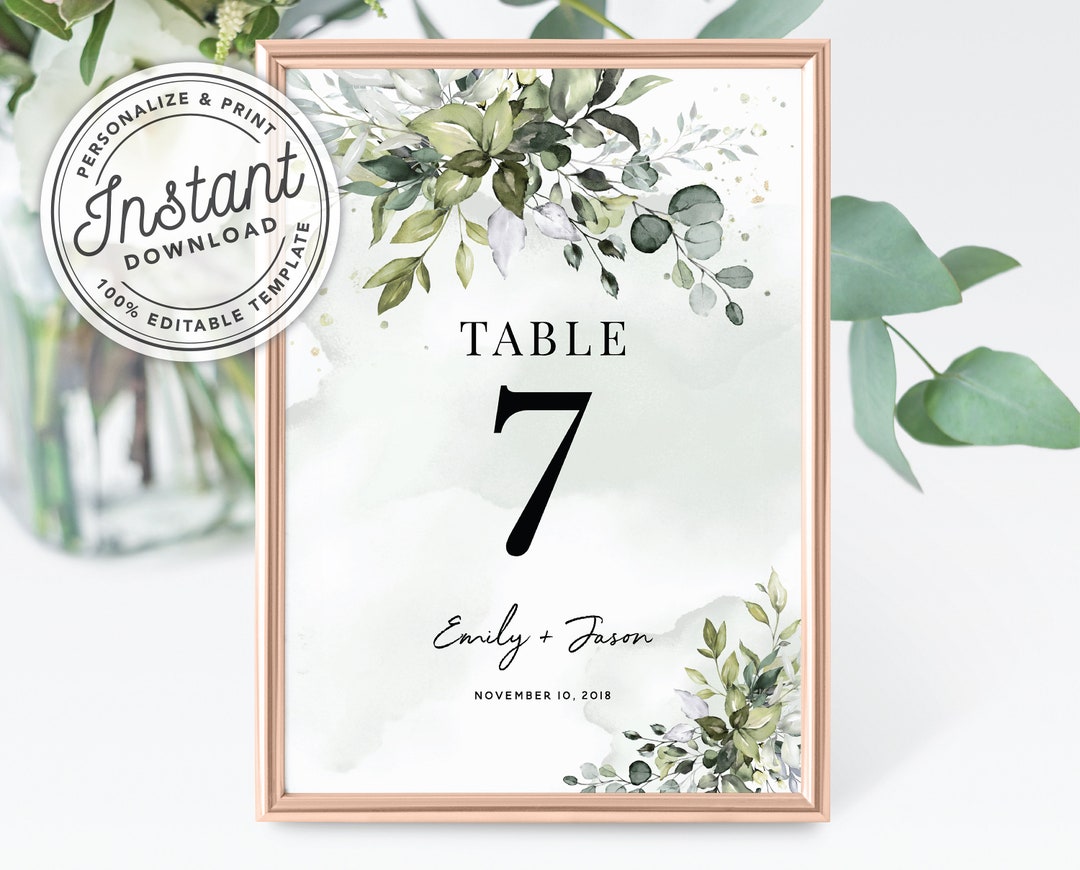 Boho Watercolor Greenery Wedding Table Numbers W/ Eucalyptus Leaves in ...
