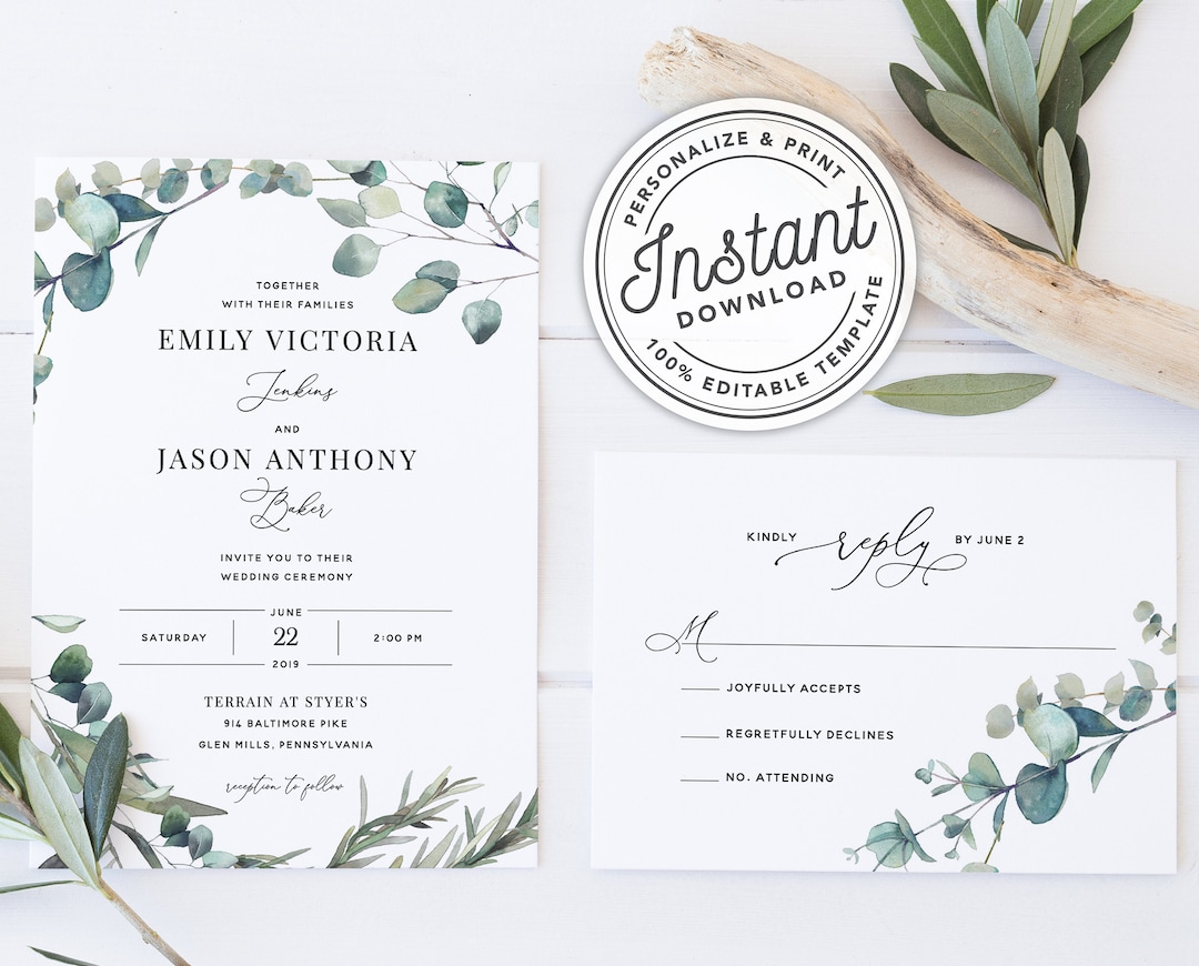 Bohemian Wedding Invitation Template Suite With Eucalyptus Greenery ...