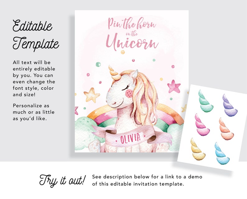 Pin the Horn on the Unicorn Printable Birthday Party Game | Etsy