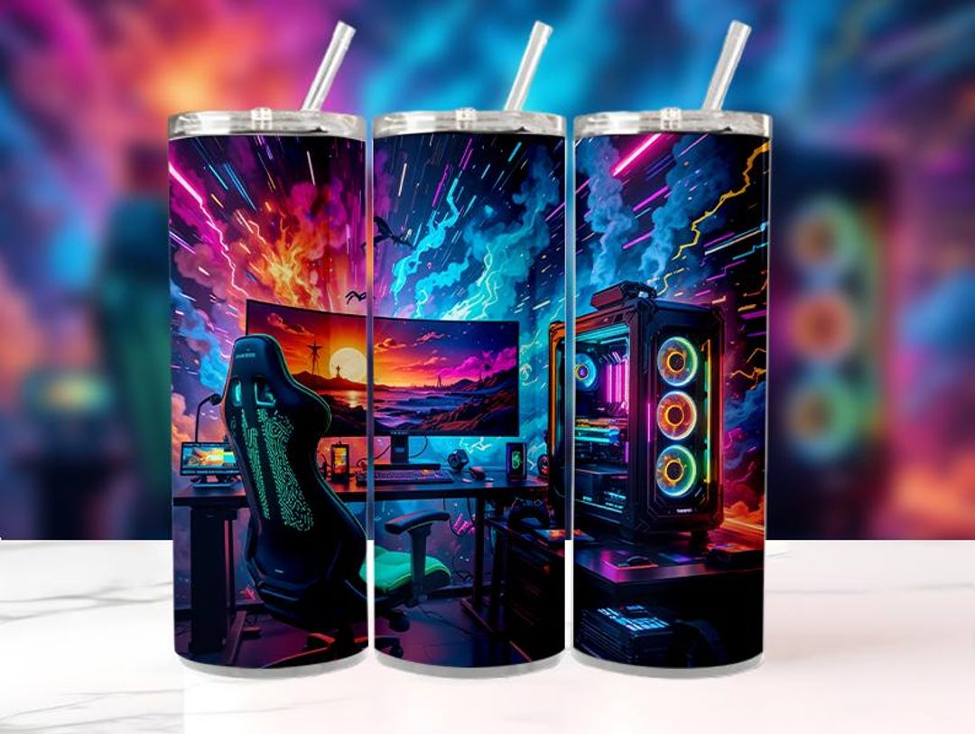 Neon Gamer Desk 20oz Tumbler Wrap | PC Gaming Sublimation Design ...