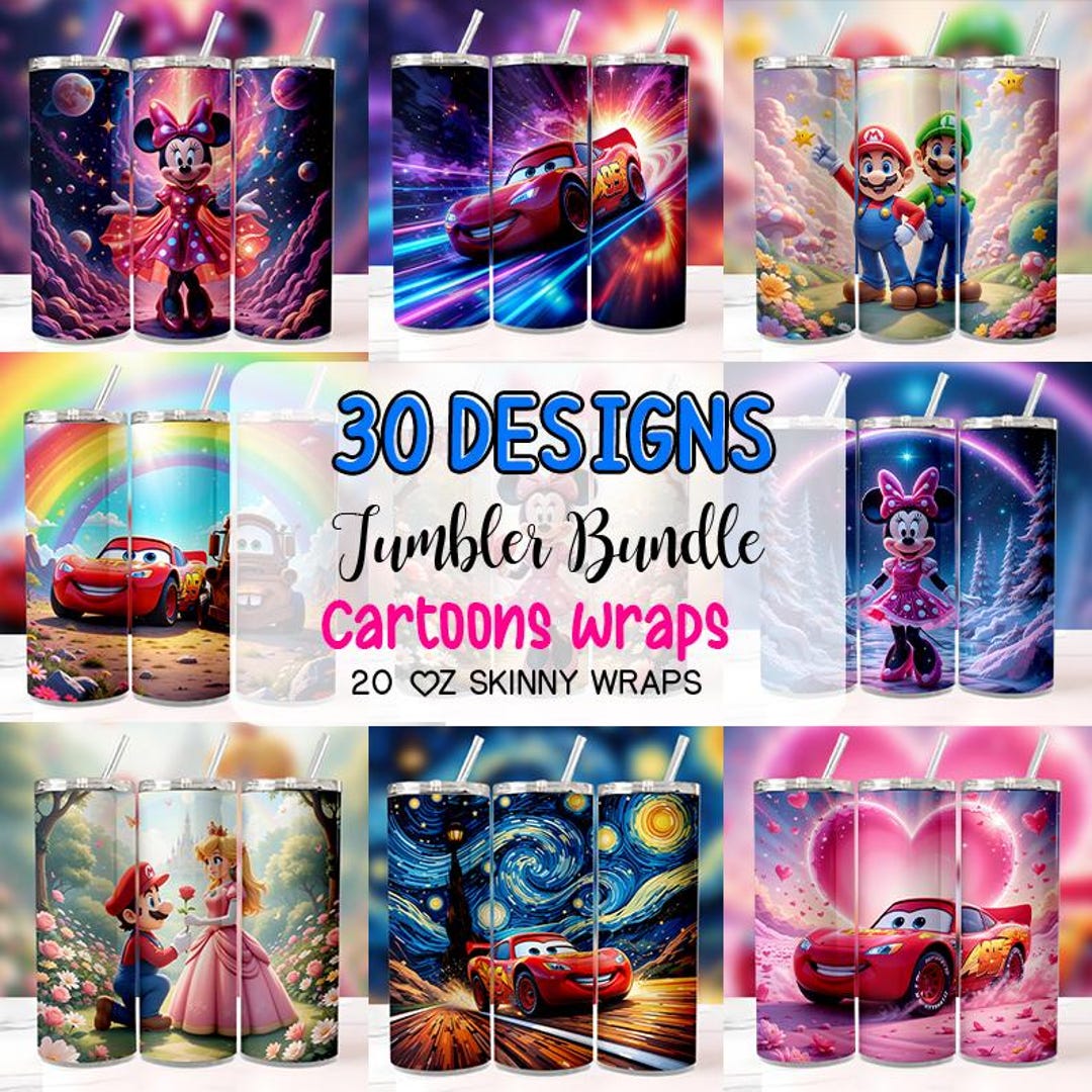 30 Cartoon Tumbler Wraps Bundle PNG | 20oz Skinny Sublimation Designs ...