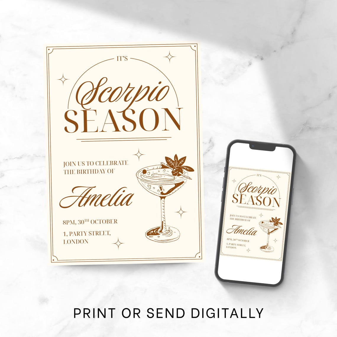 Scorpio Birthday Invitation Canva Template, Chic Stylish Printable or ...