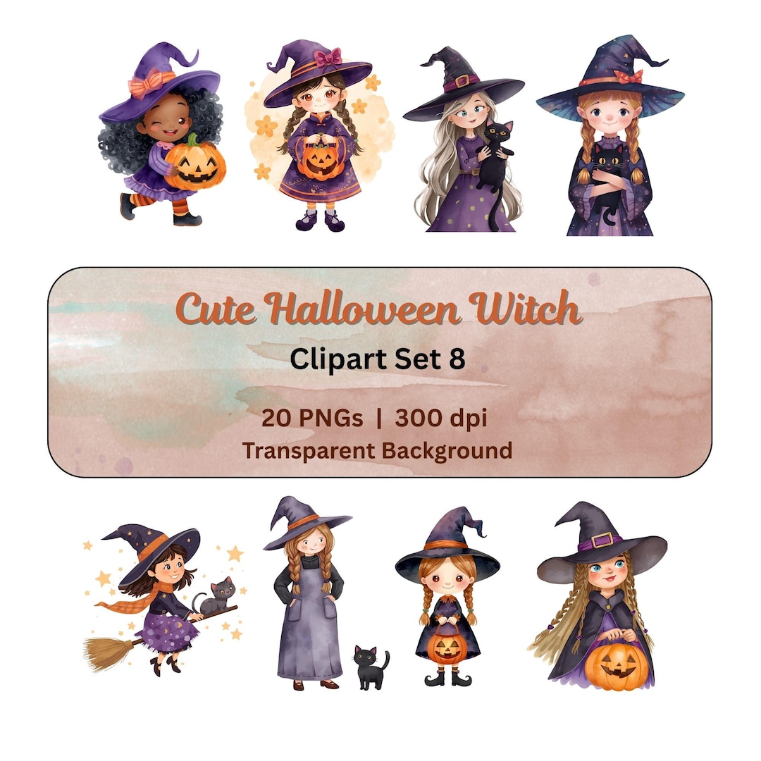 Cute Halloween Witch Clipart PNG Set | Cute Witchy PNG, Kawaii ...