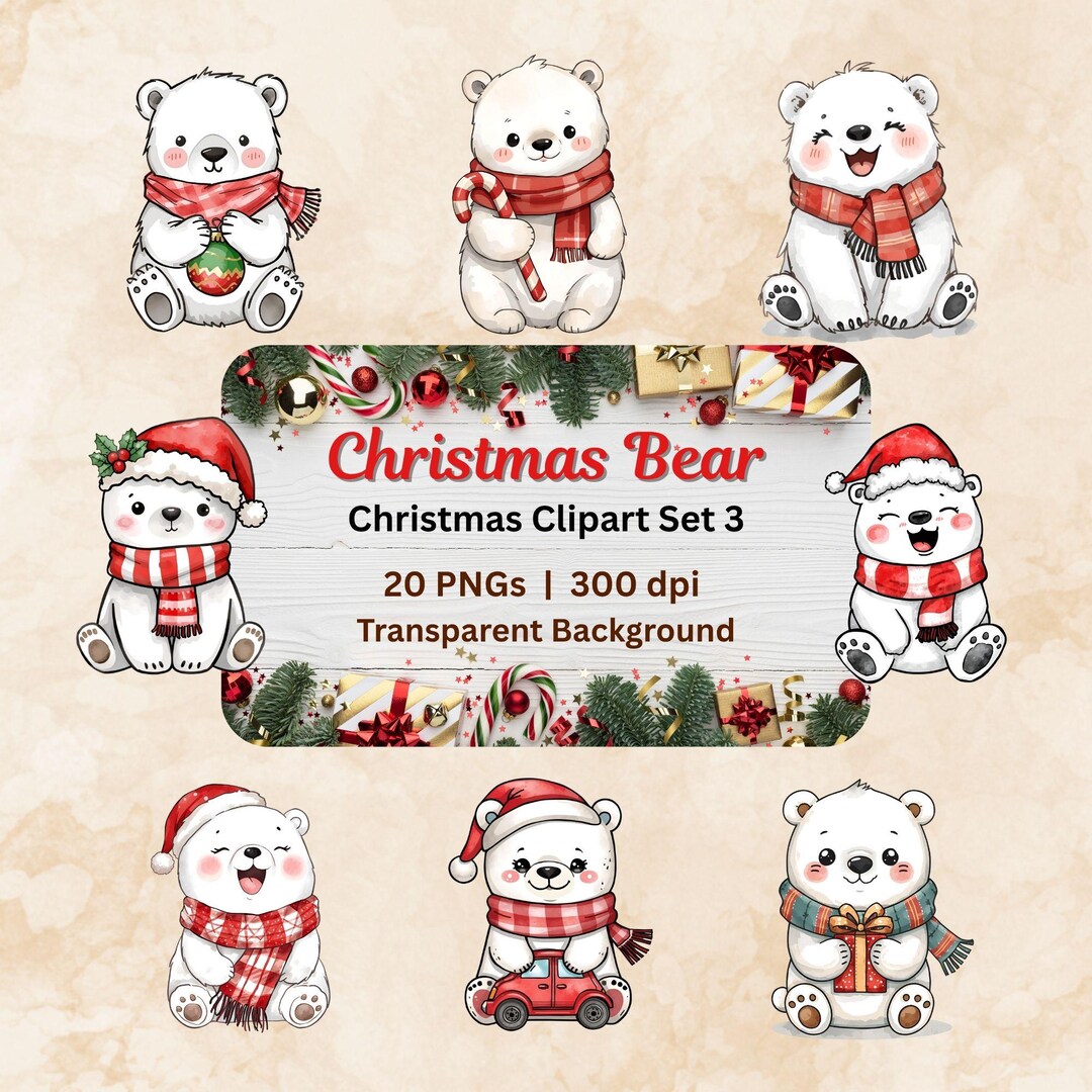 Christmas Bear Clipart PNG Set | Watercolor Christmas Teddy Bear ...