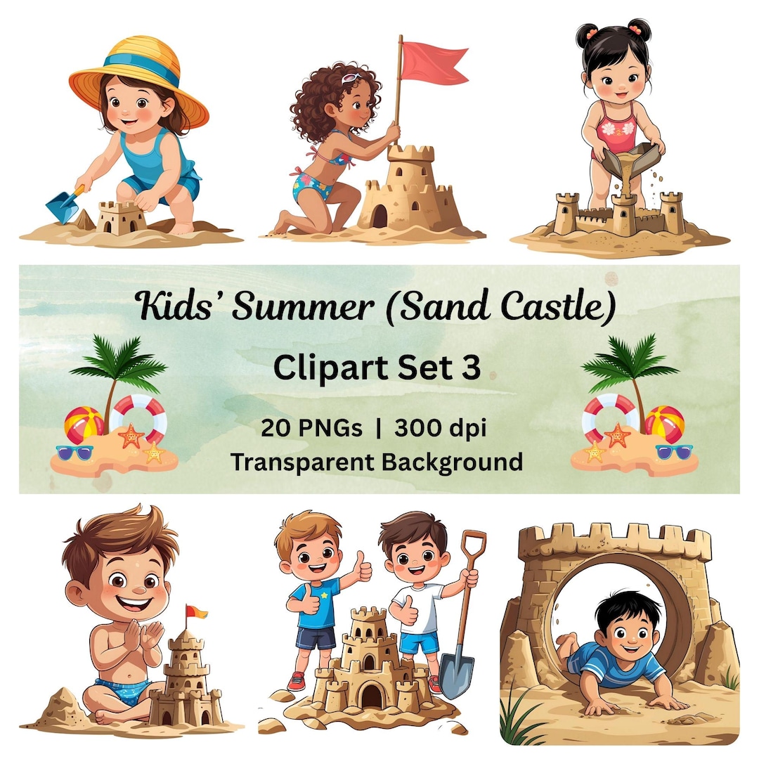 Kids Summer Sand Castle Clipart Happy Children Beach Day Pngs ...