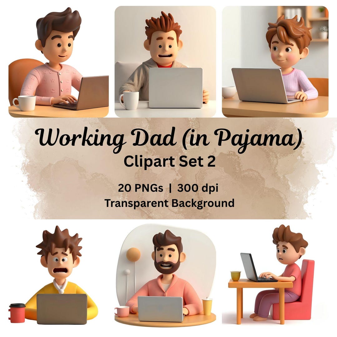 Working Dad (in Pajama) 3D Clipart Set, Father Appreciation Art, Work ...