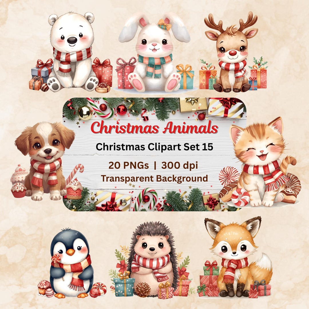 Christmas Animals Clipart PNG Set, Cute Baby Forest & Winter Animals ...