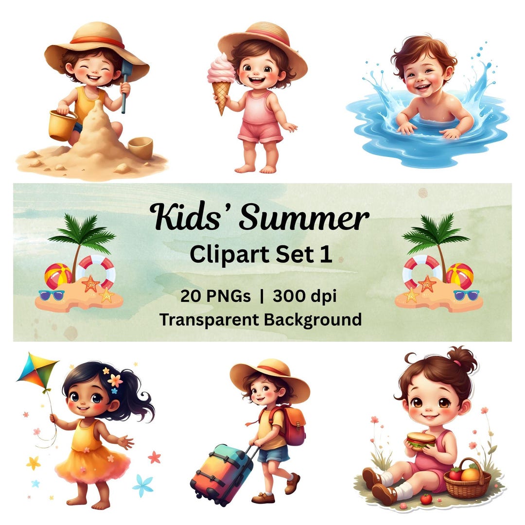 Summer Kids Clipart Set: Happy Children PNG Graphics (digital Download ...