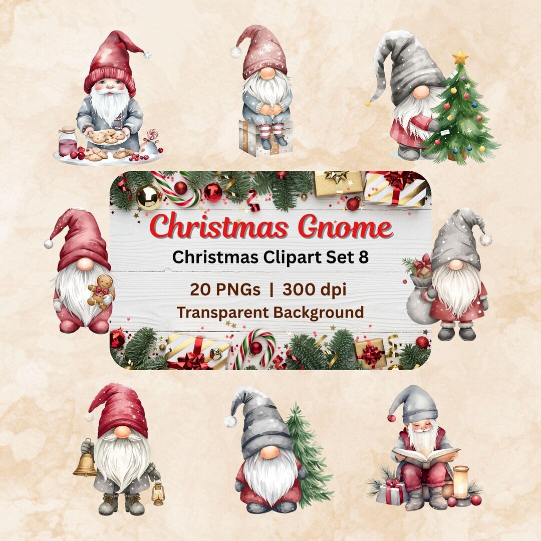 Christmas Gnome Watercolor Clipart PNG Set, Pastel Gray and Cranberry ...