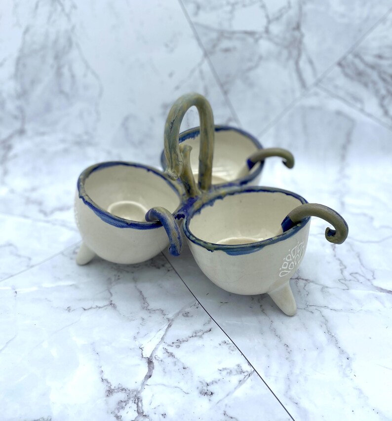Ceramic Condiment Caddy: Triple Bowl Set With Handmade Spoons - Etsy