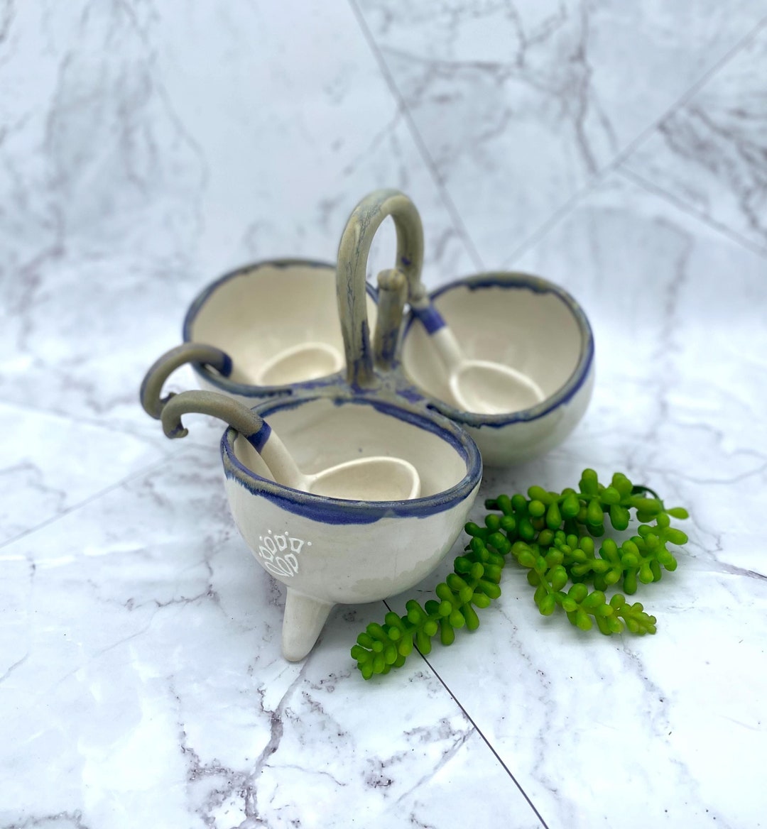 Ceramic Condiment Caddy: Triple Bowl Set With Handmade Spoons - Etsy