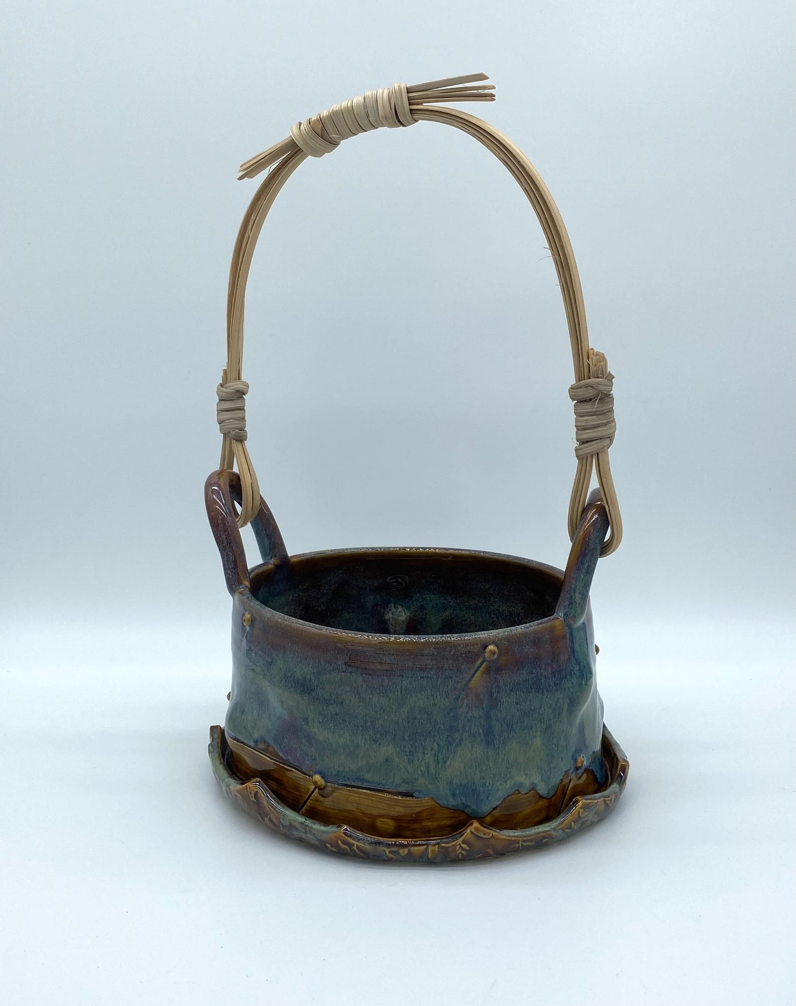 Large Multi-colored Ceramic Basket With Reed Handle, OOAK Ceramic ...