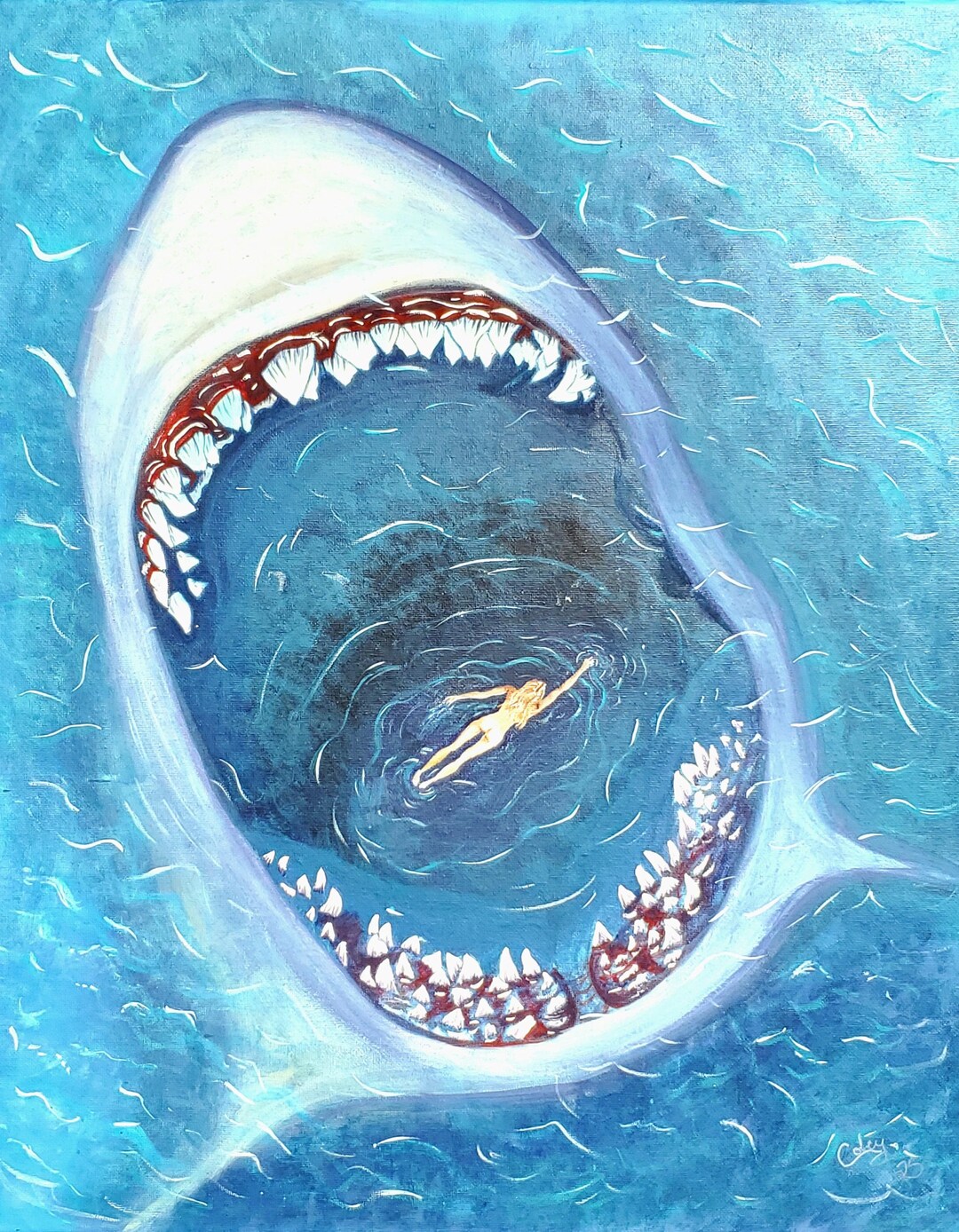Skinny Dip Tragedy! Watch Out for Sharks! 18"×24" Acrylic on Canvas ...