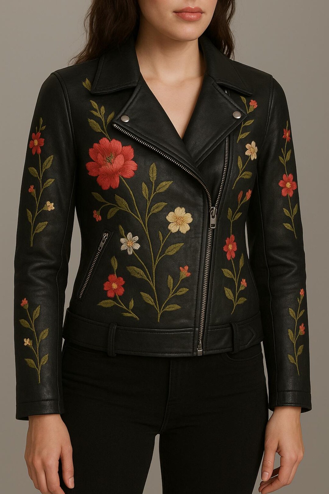 Handmade Floral Embroidered Leather Moto Jacket - Boho Biker Style - Etsy