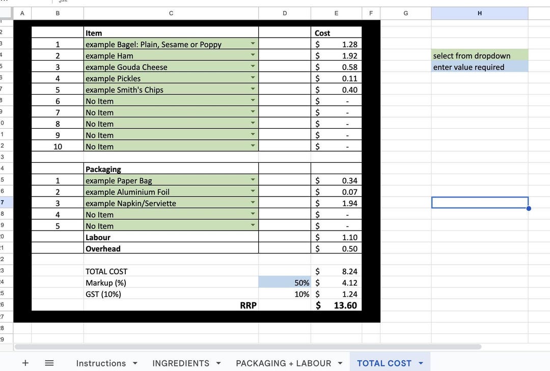 Cafe Bagel/sandwich Pricing Calculator - Etsy