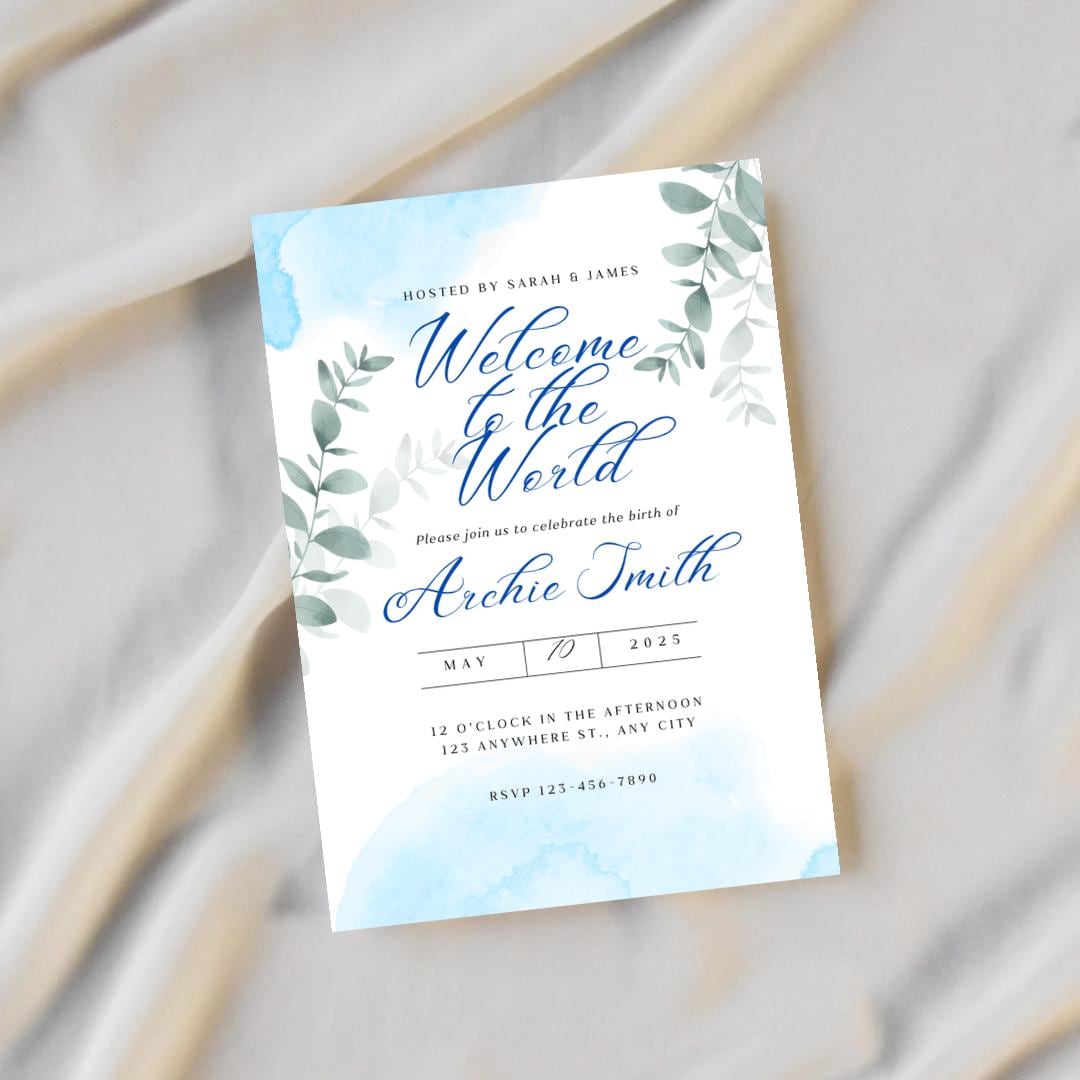 Blue Baby Invitation Template | Naming Day, Welcome to the World ...