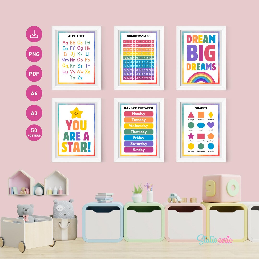 50 Rainbow Educational Posters | Preschool & Kindergarten Classroom ...